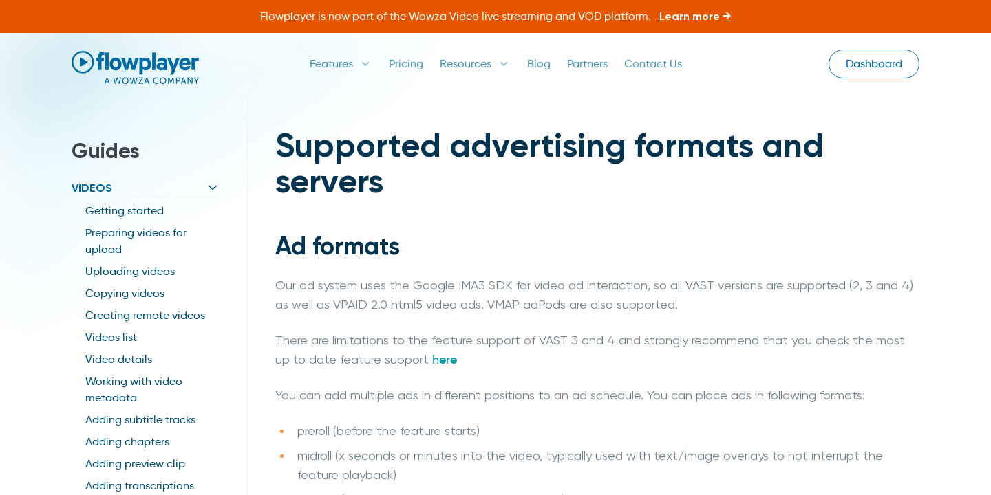 Supported ad formats | Flowplayer