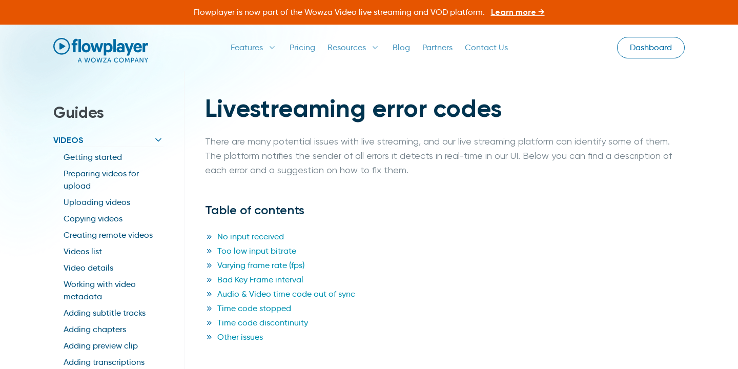 Livestreaming error codes | Flowplayer