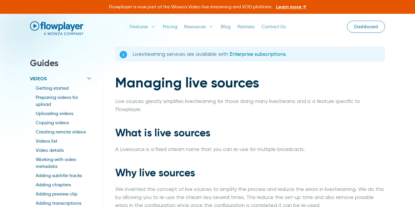 Managing live sources | Flowplayer